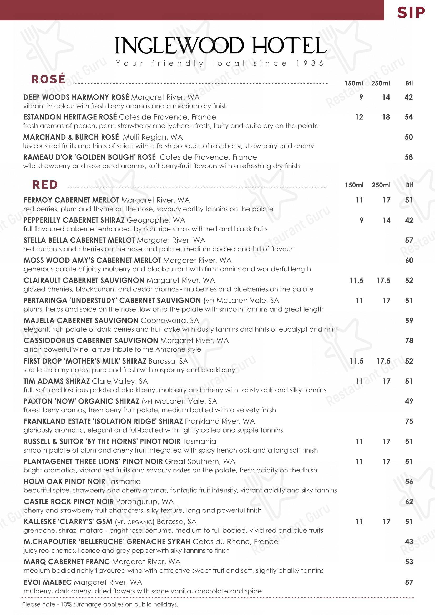 Menu at Inglewood Hotel Perth pub & bar, Mount Lawley