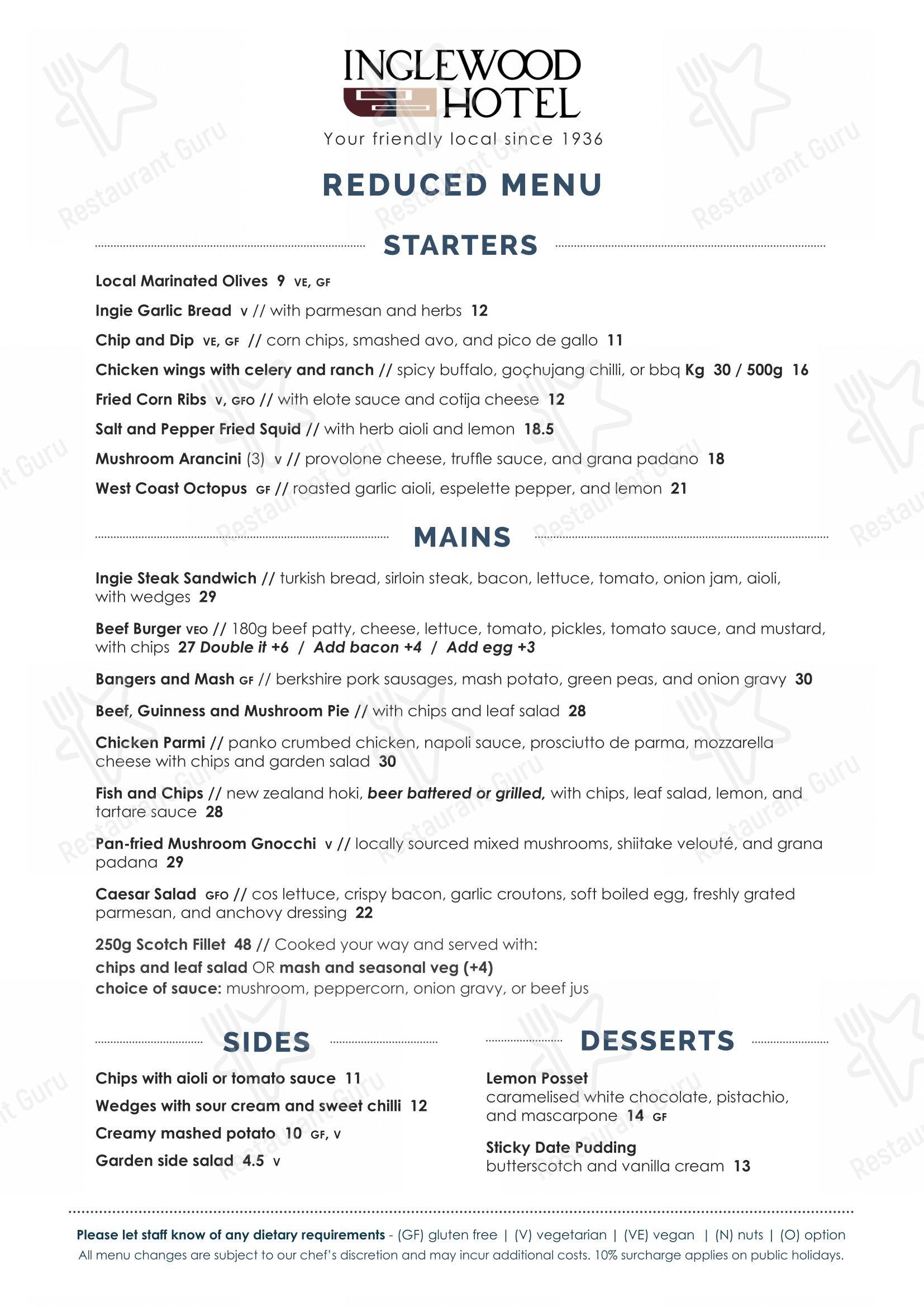 Menu at Inglewood Hotel Perth pub & bar, Mount Lawley