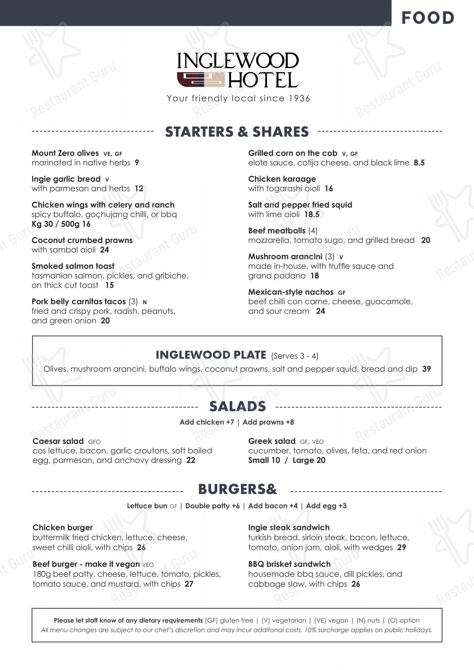 Menu at Inglewood Hotel Perth pub & bar, Mount Lawley