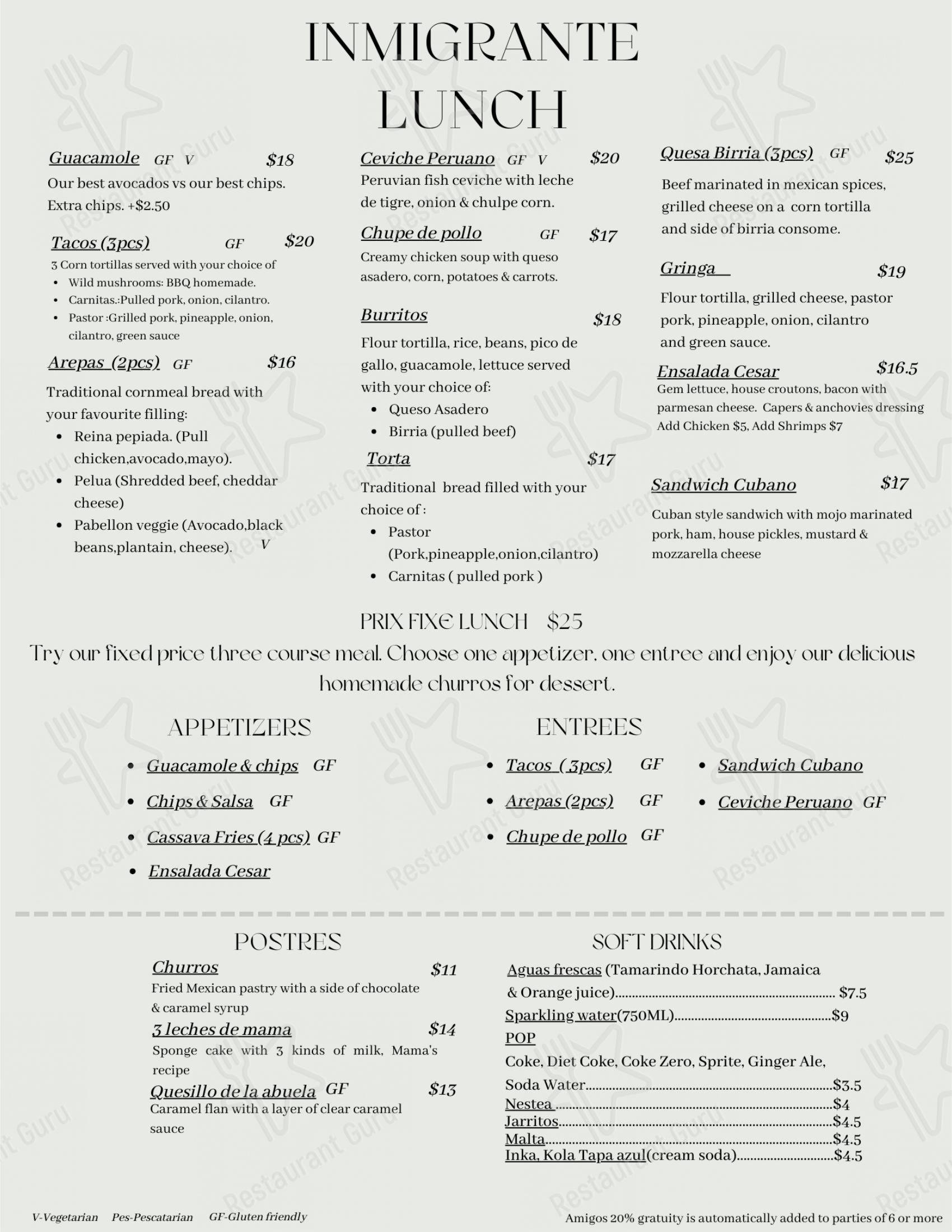 Menu at Inmigrante pub & bar, Toronto