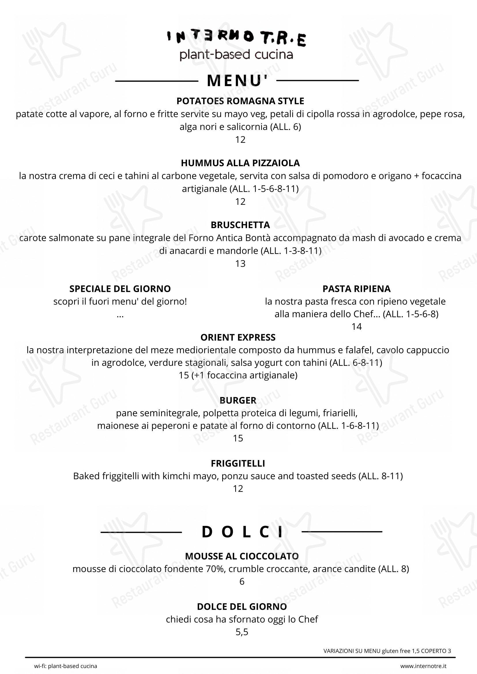 Menu da Interno TRE ristorante, Reggio Emilia