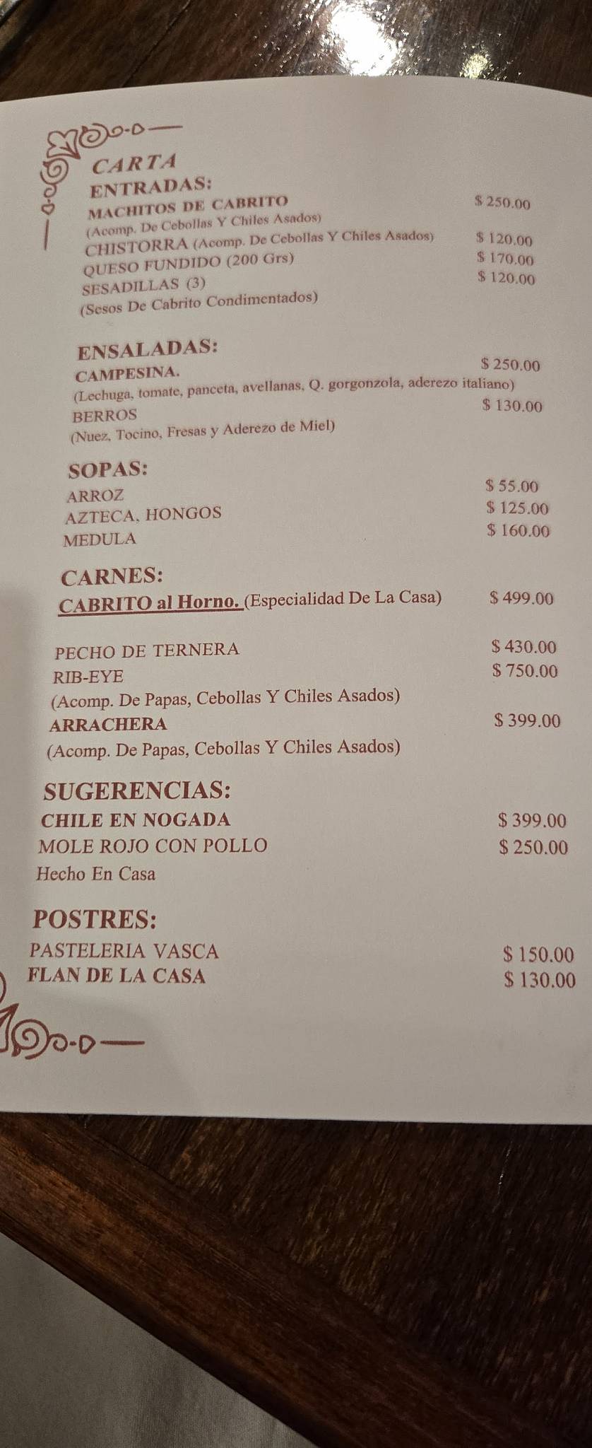 Carta del restaurante Intimo Cabrito, Ocoyoacac