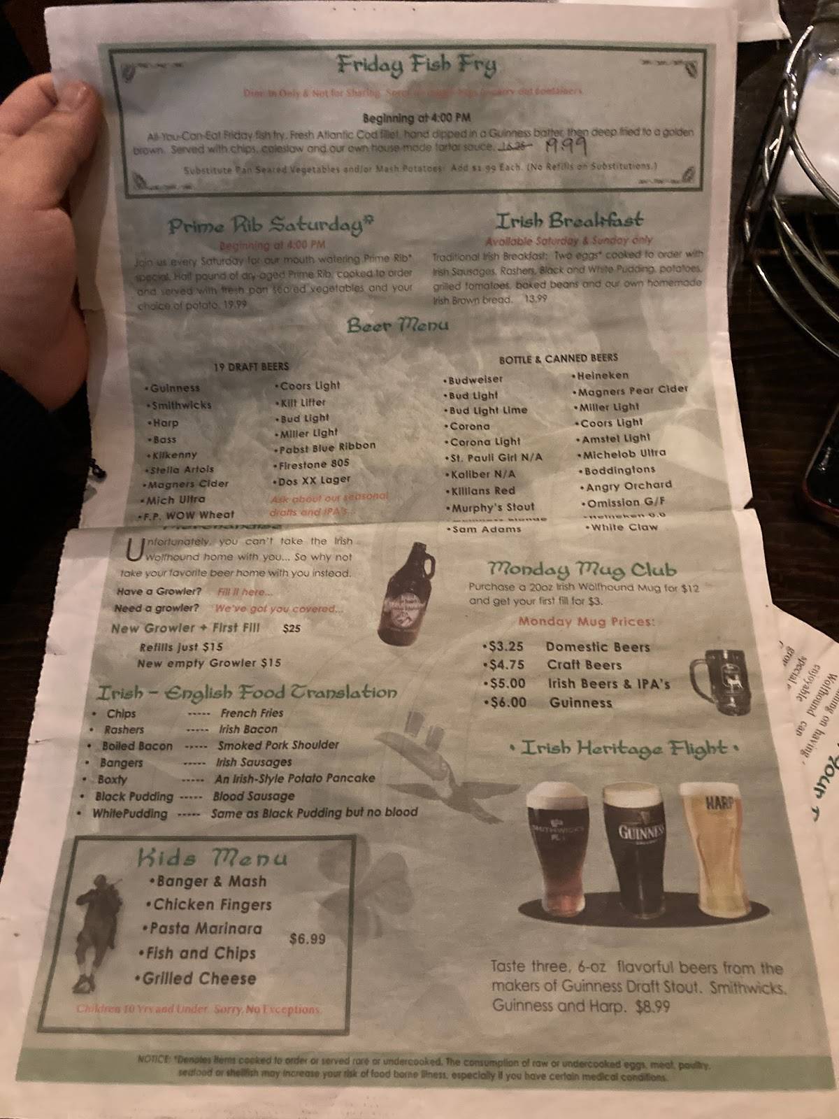 Menu at Irish Wolfhound Restaurant & Pub, Surprise
