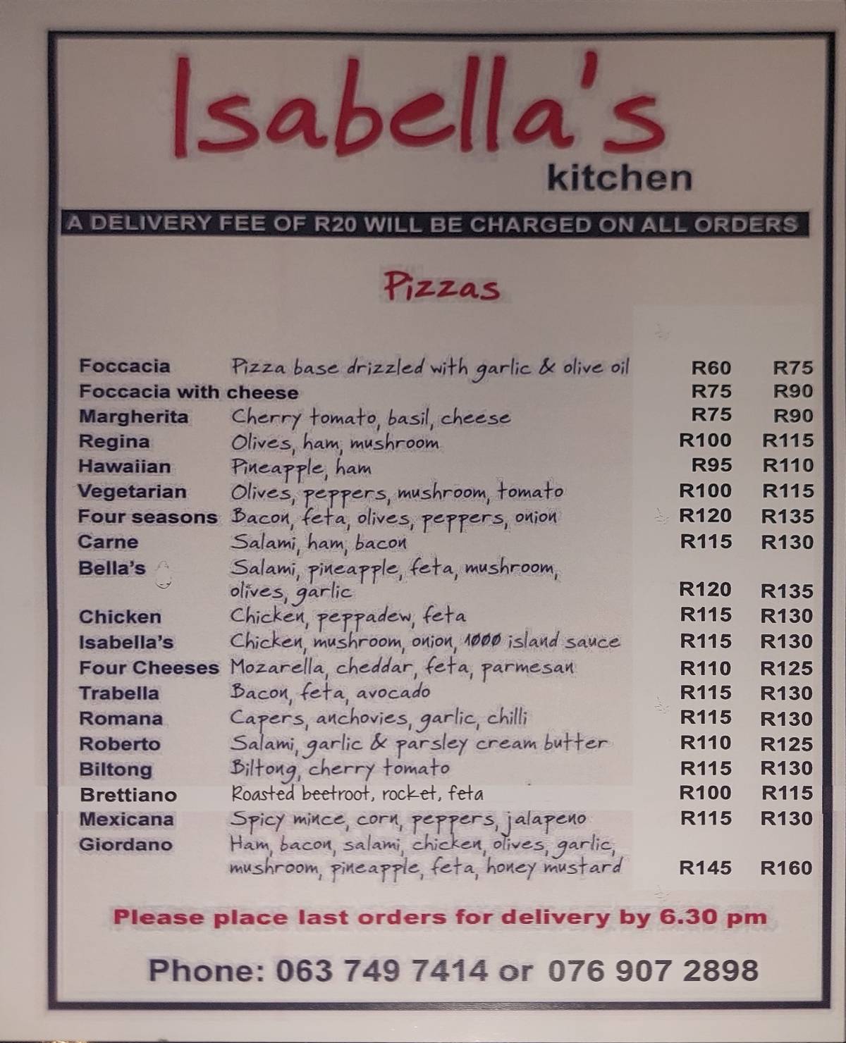 Menu at Isabella's Kitchen restaurant, White River