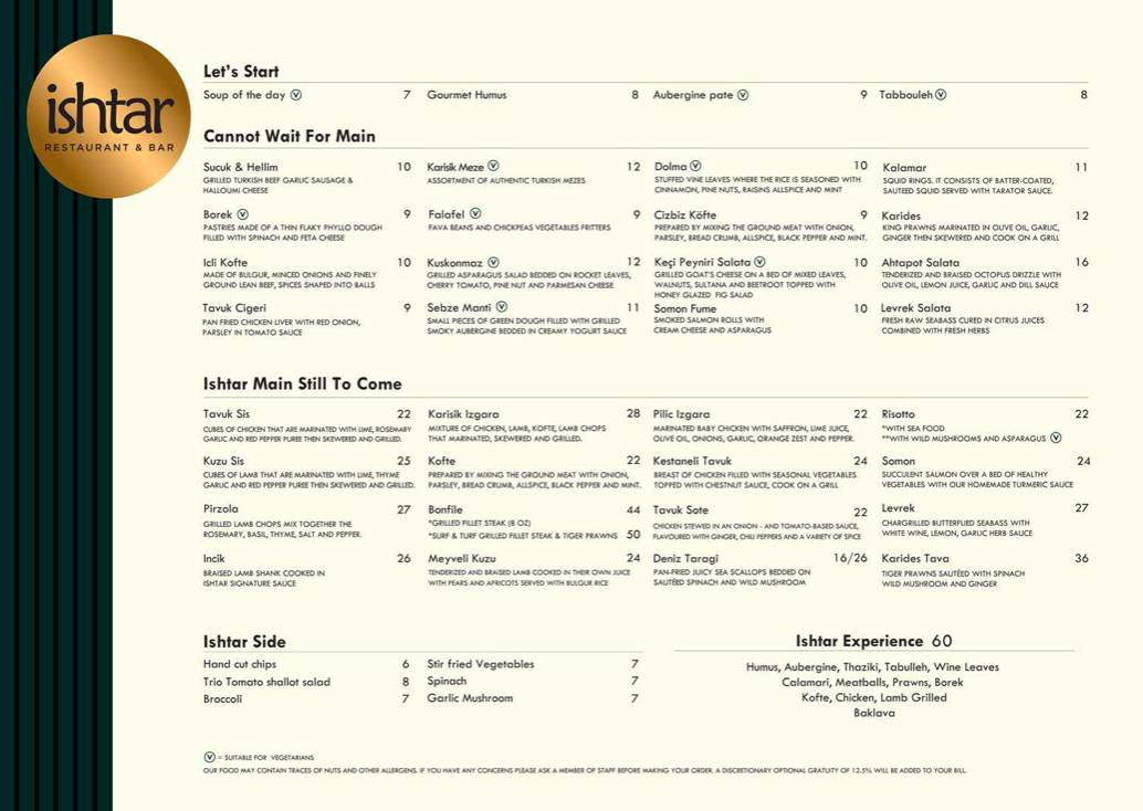 Menu at Ishtar restaurant, London, 10-12 Crawford St