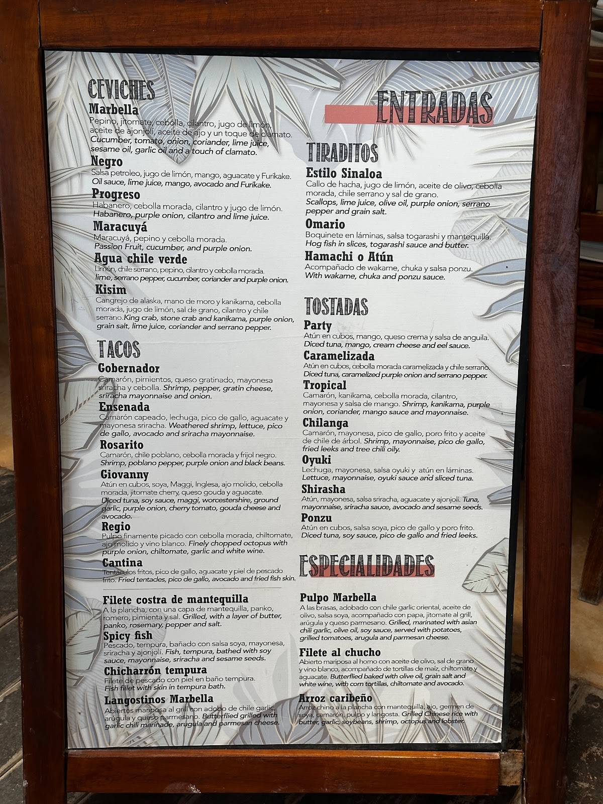 Menu at Marbella Fish Market and Raw Bar, Isla Mujeres