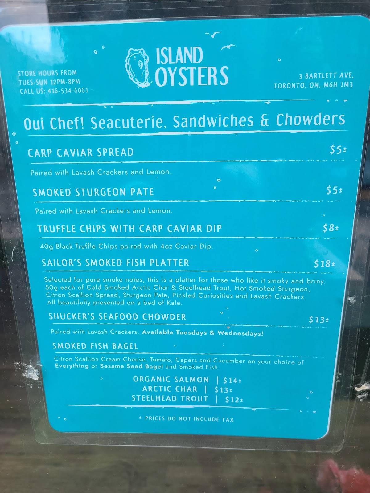 Menu at Island Oysters Restaurant & Bar, Toronto, Bloor St W