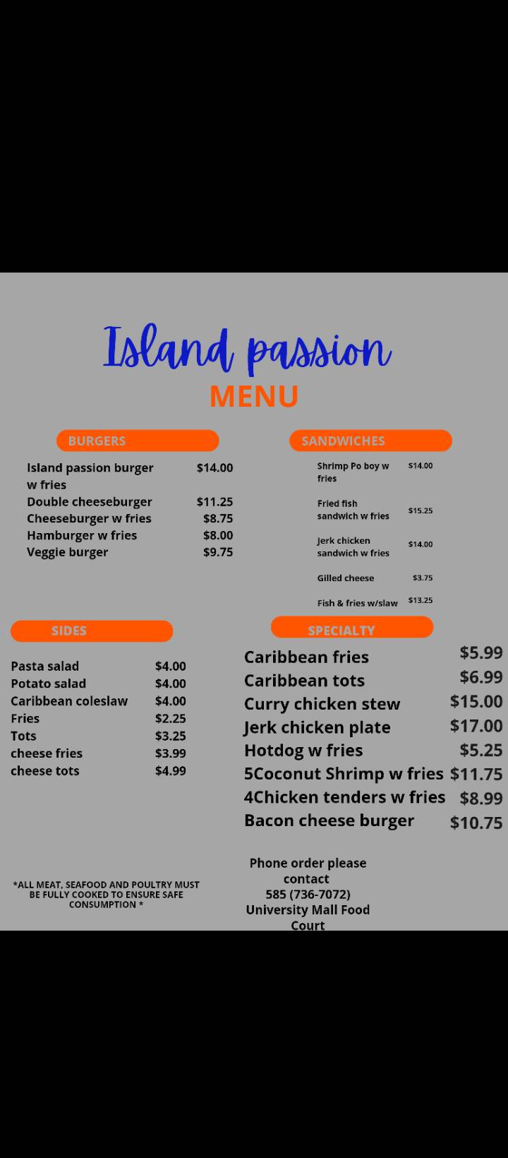 Menu at Island Passion restaurant, South Burlington