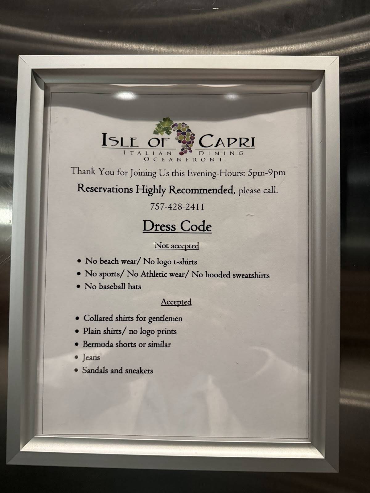 Menu at Isle of Capri restaurant, Virginia Beach