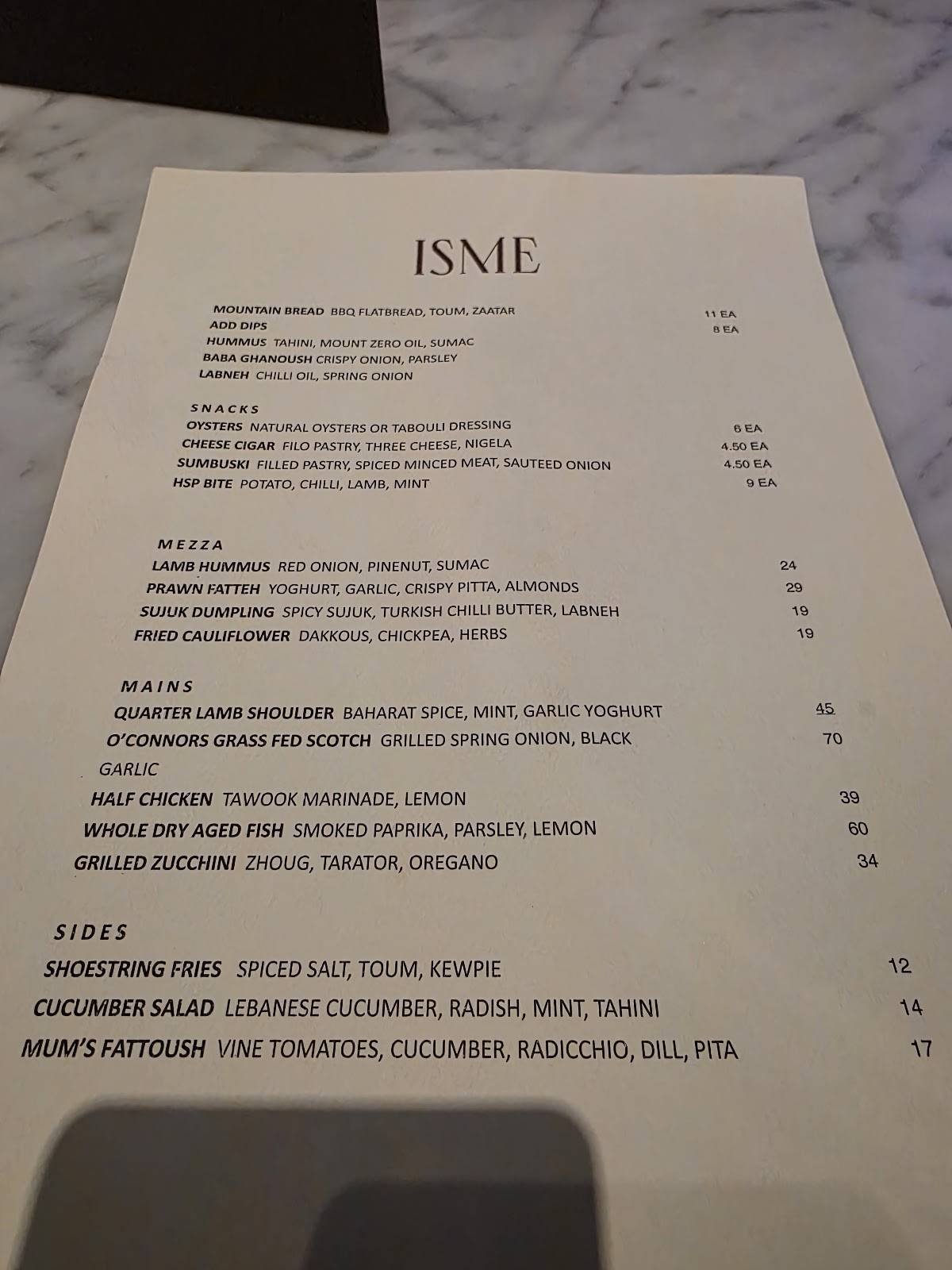 Menu at Isme Restaurant, Thornbury