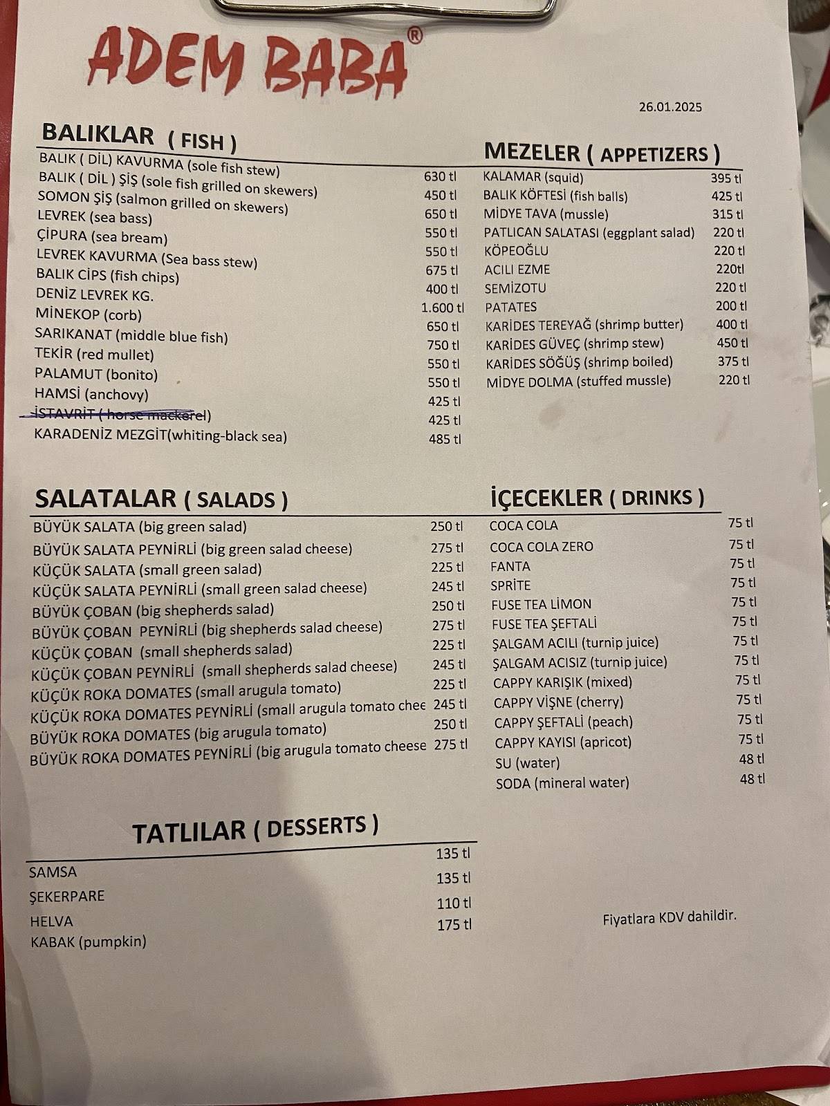 Menu at Adem Baba, Istanbul, Satış Meydanı Sk. No:2