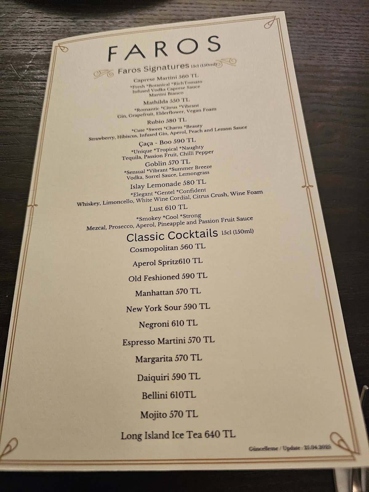 Menu at Faros Karaköy, Istanbul, Fransız Gç Sokağı İş Merkezi No:53 D:8