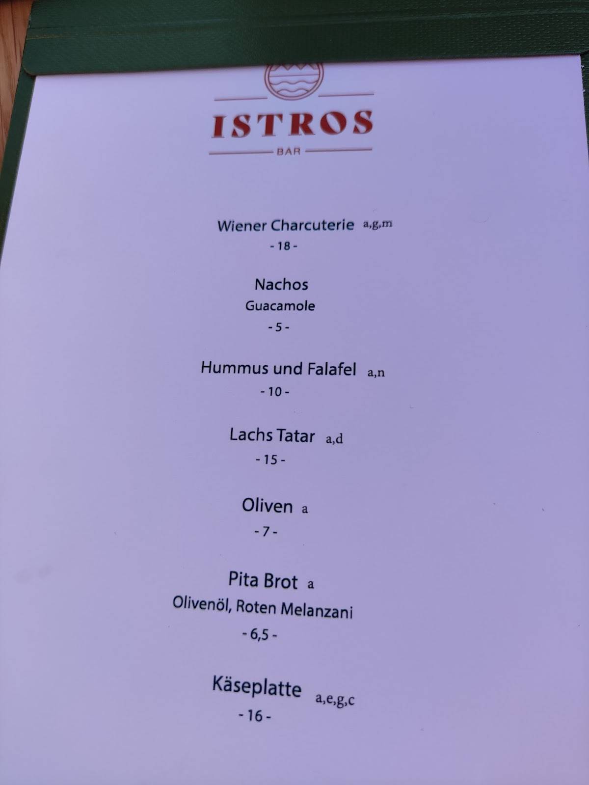 Carta de Istros Rooftop Bar & Terrace, Viena