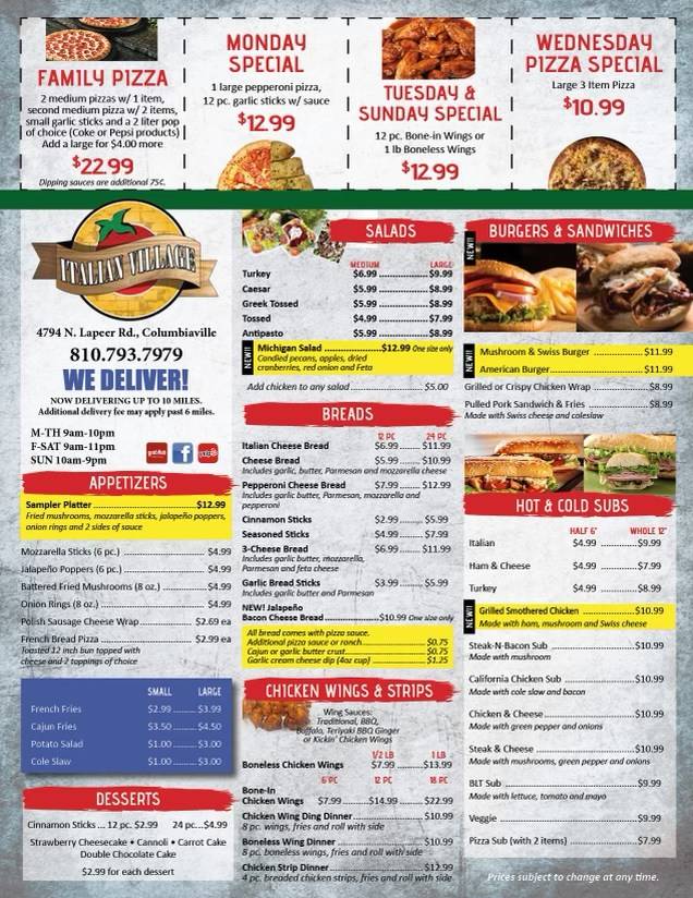 Menu at Italian Village Market pizzeria, Deerfield Township