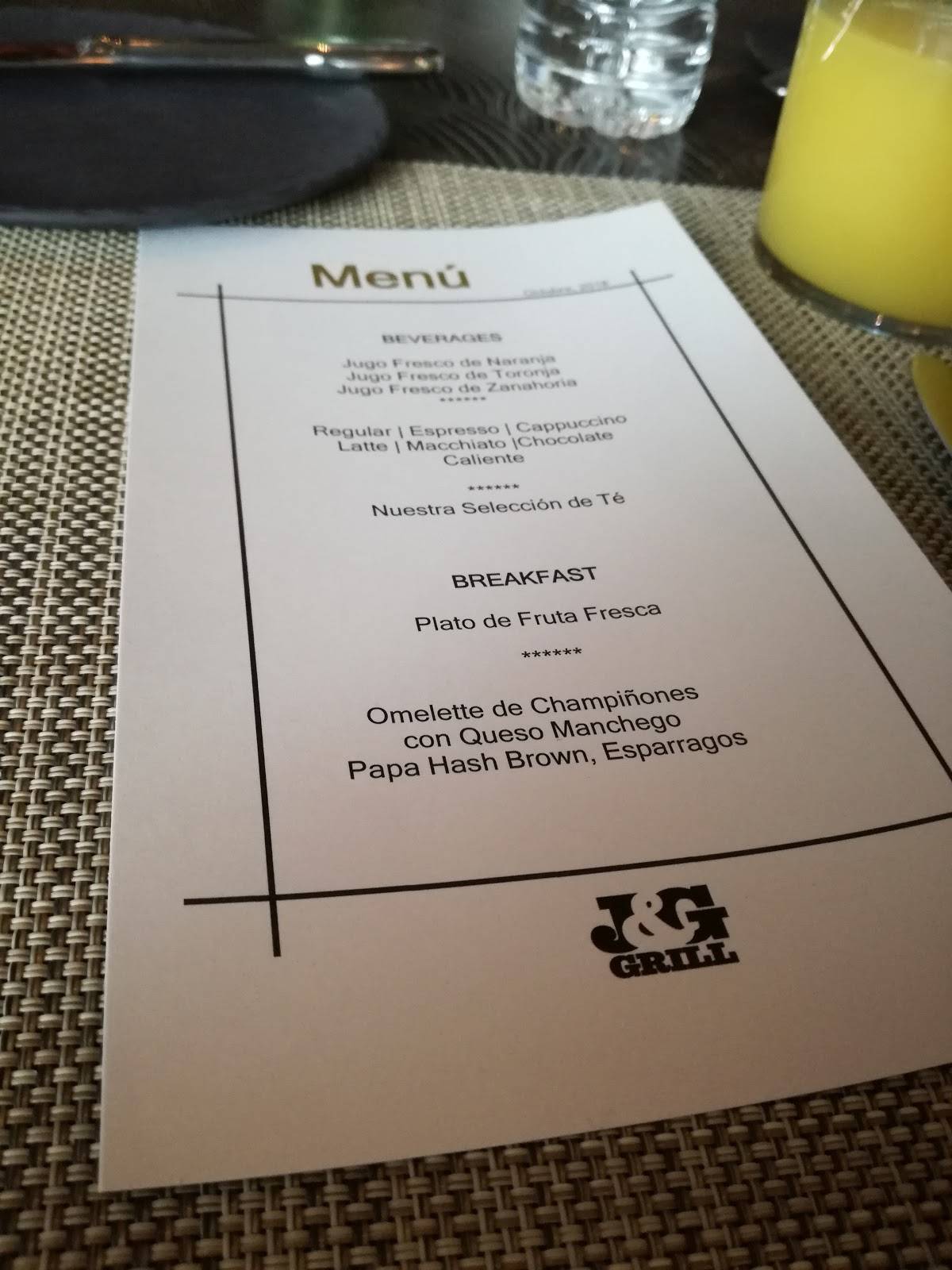 Menu at J & G pub & bar, Mexico City