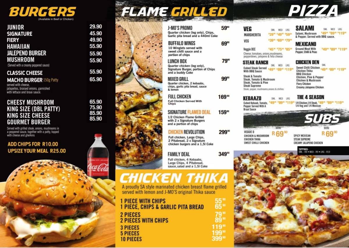 Menu at J-mo's overport sasol restaurant, Durban, 465 Randles Rd