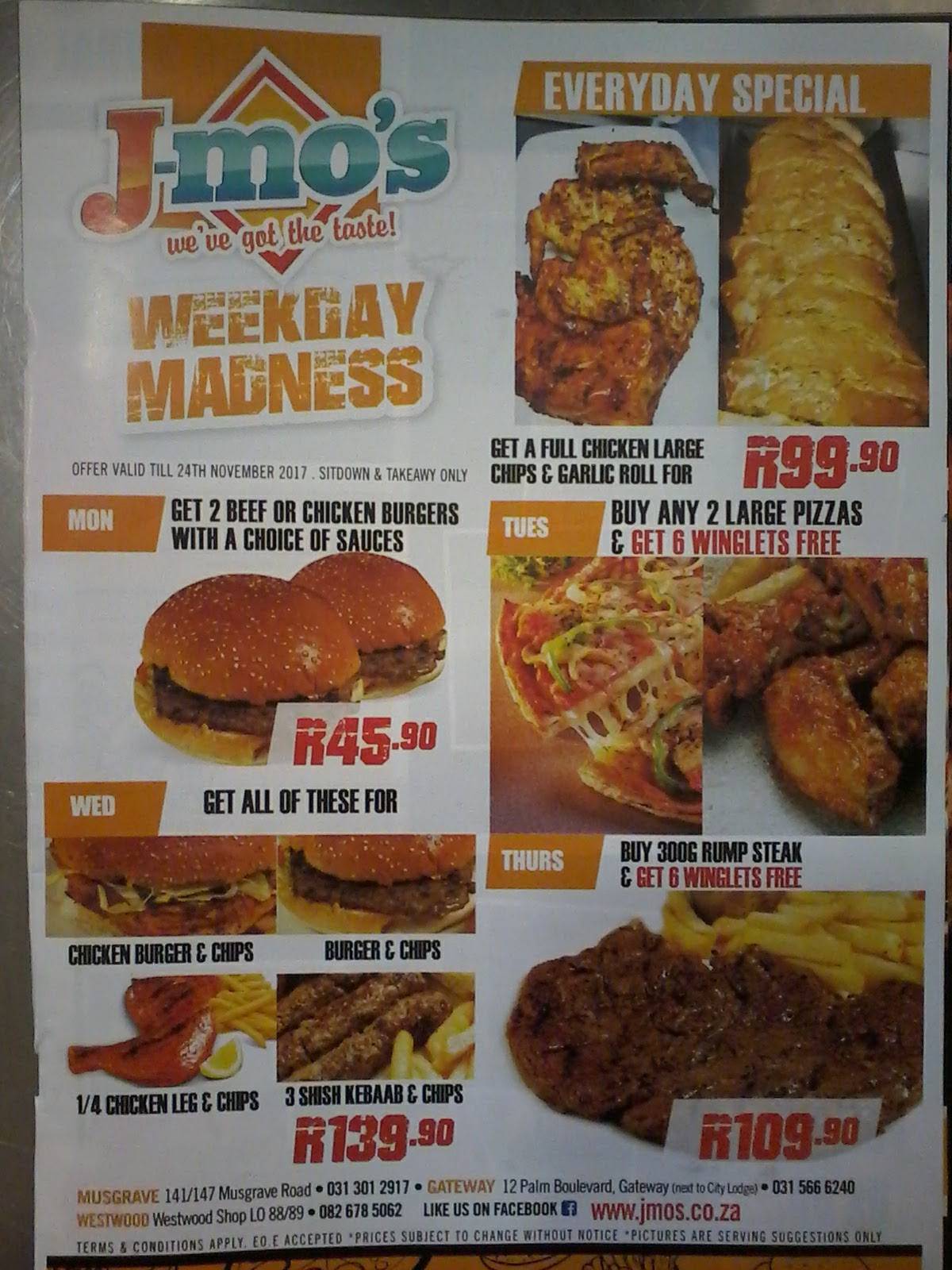 Menu at J-mo's overport sasol restaurant, Durban, 465 Randles Rd