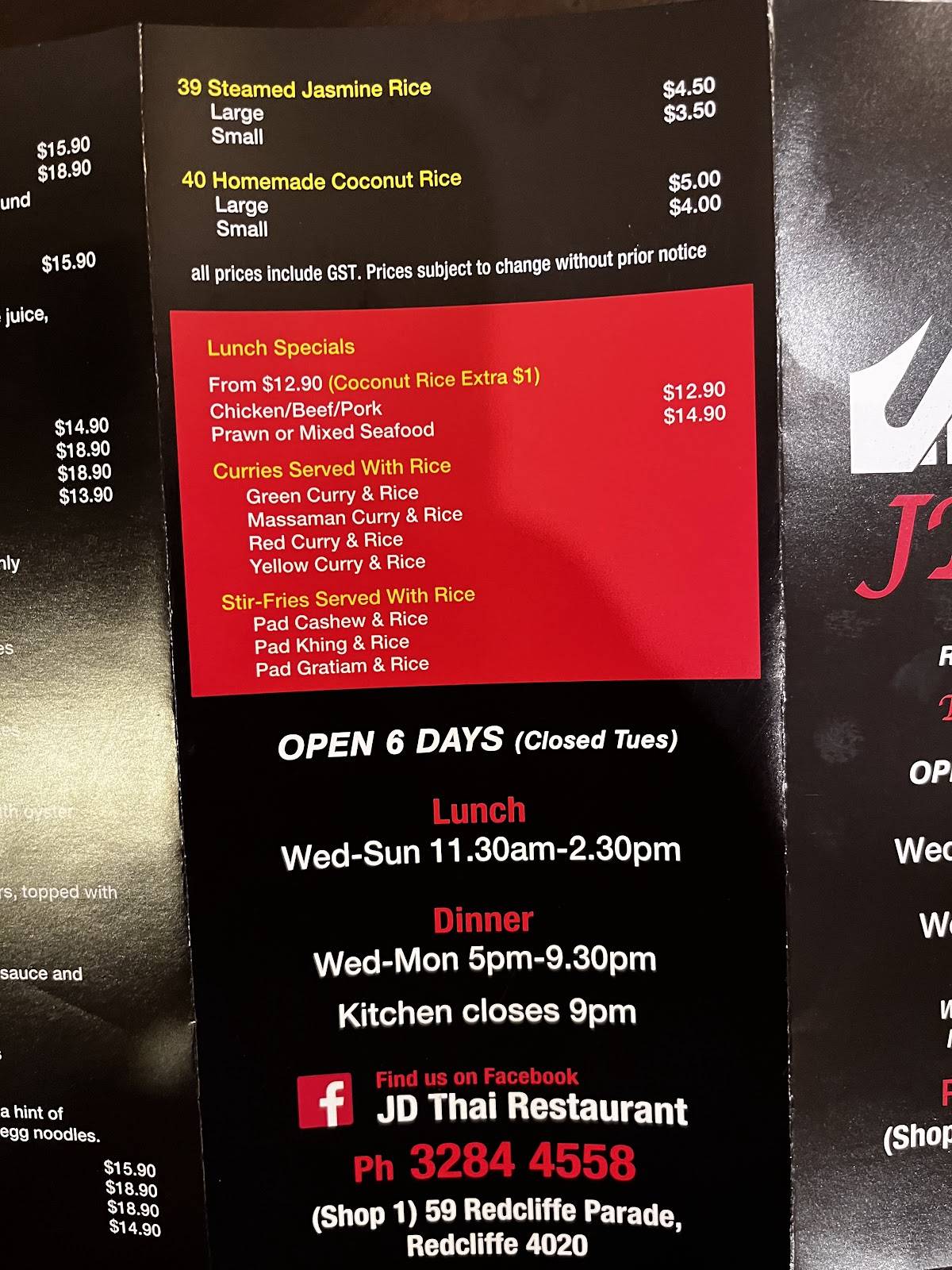 Menu at JD Thai restaurant, Redcliffe
