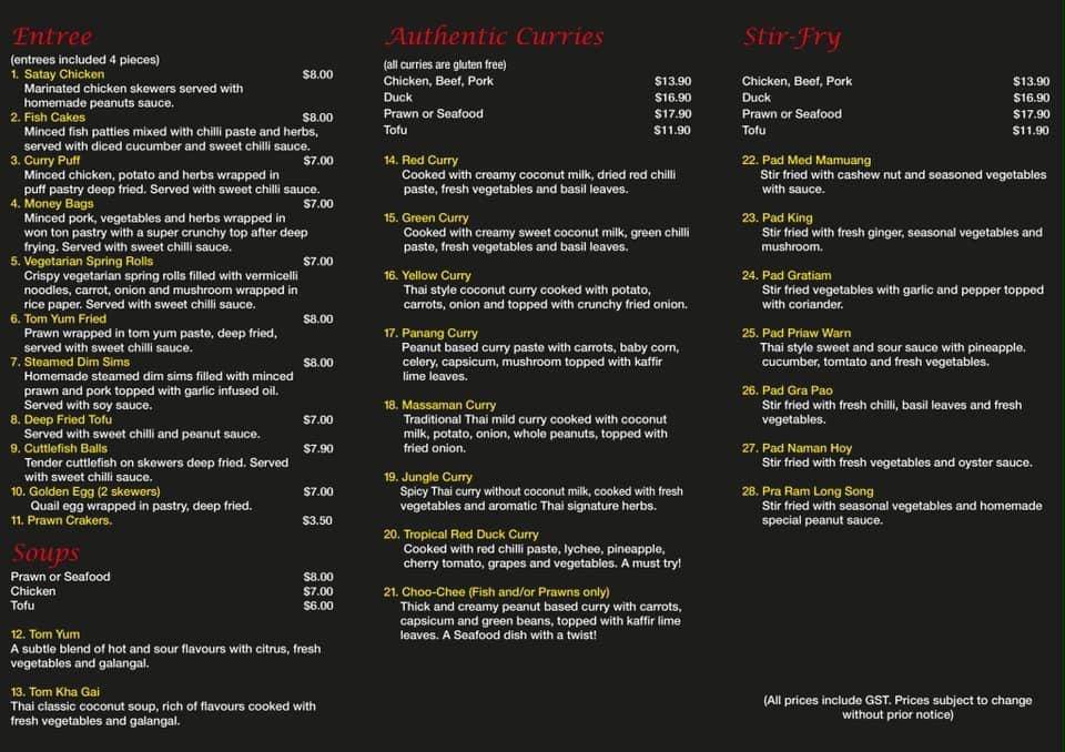Menu at JD Thai restaurant, Redcliffe