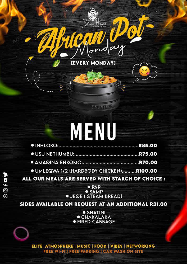 Menu at JR Braai House pub & bar, Berea