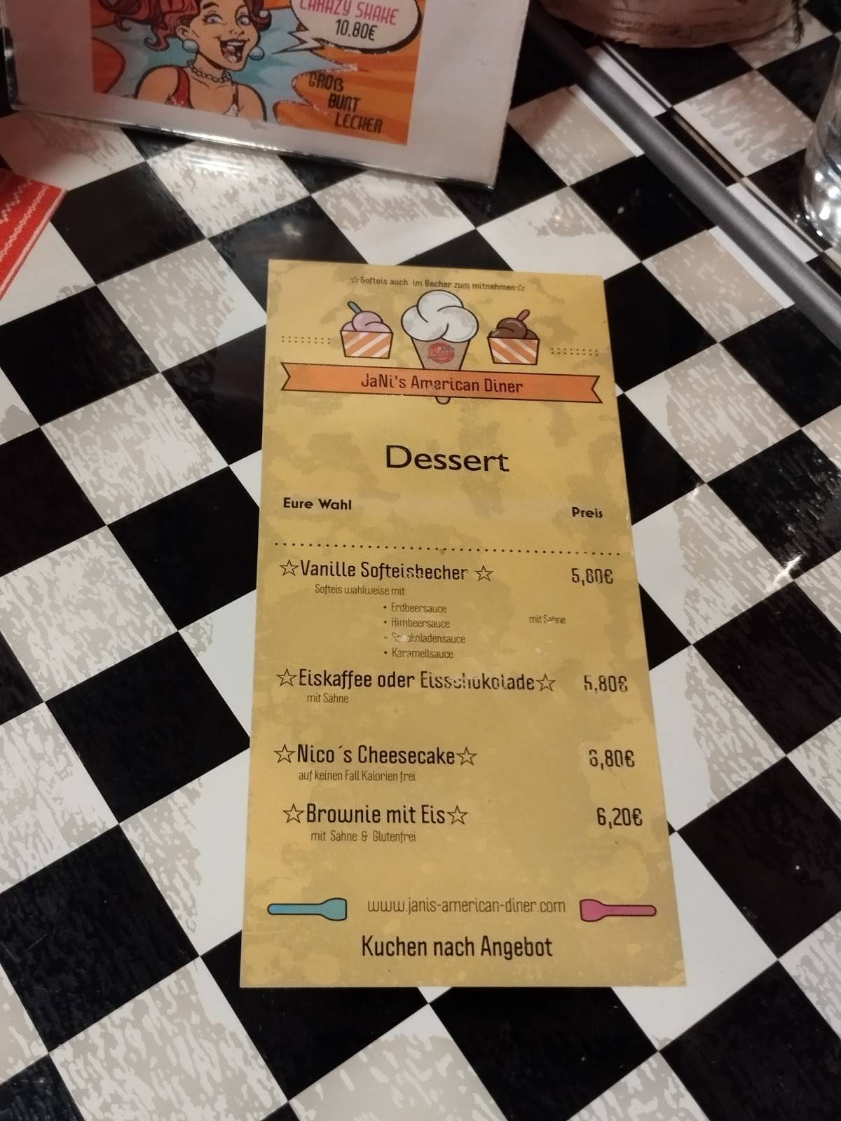 Speisekarte von JaNi`s American Diner restaurant, Leipzig, An der Elster 34