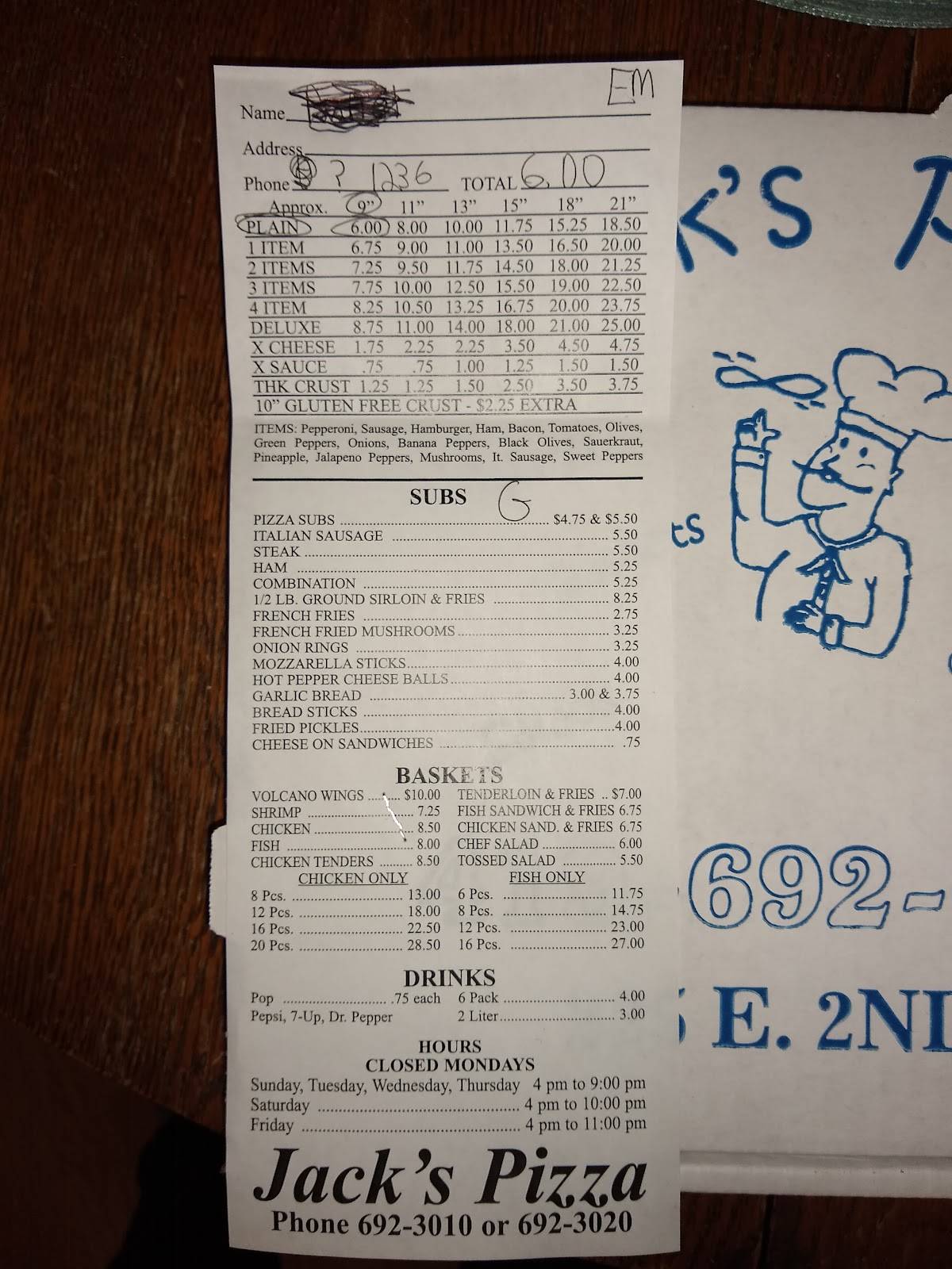 Menu at Jack's Pizza pizzeria, Delphos