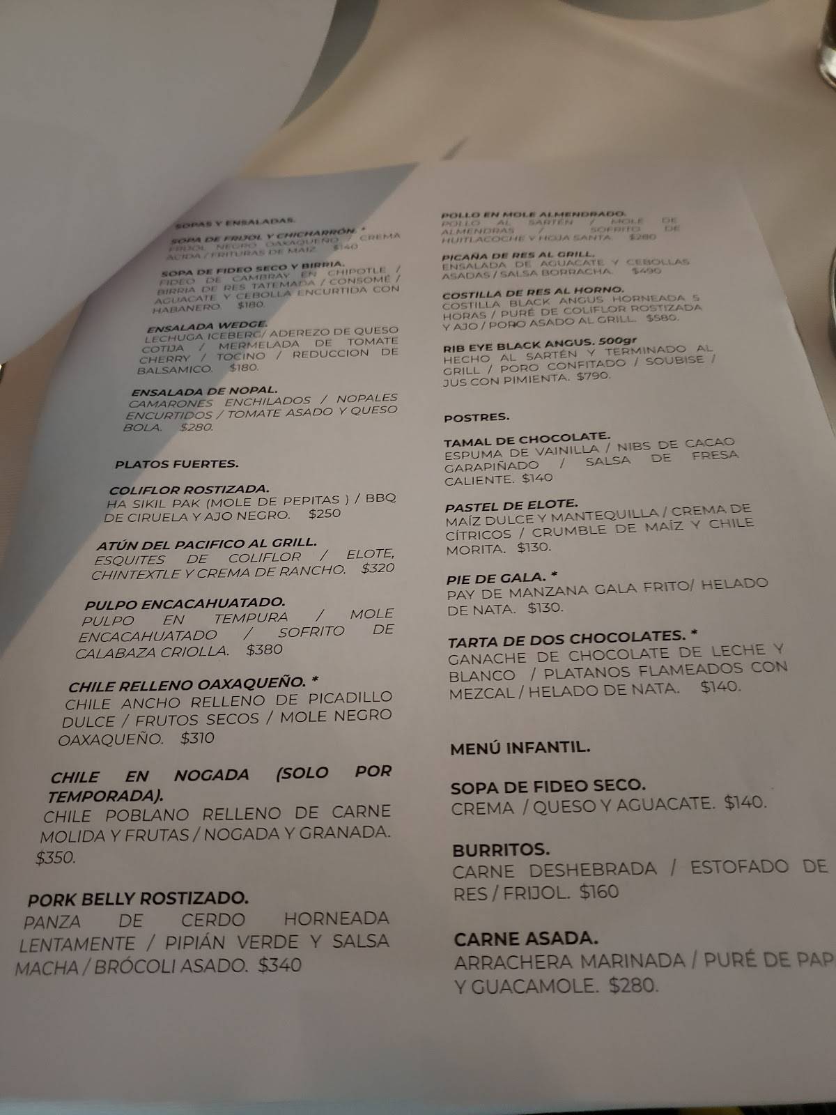 Carta del restaurante JACO, Tijuana