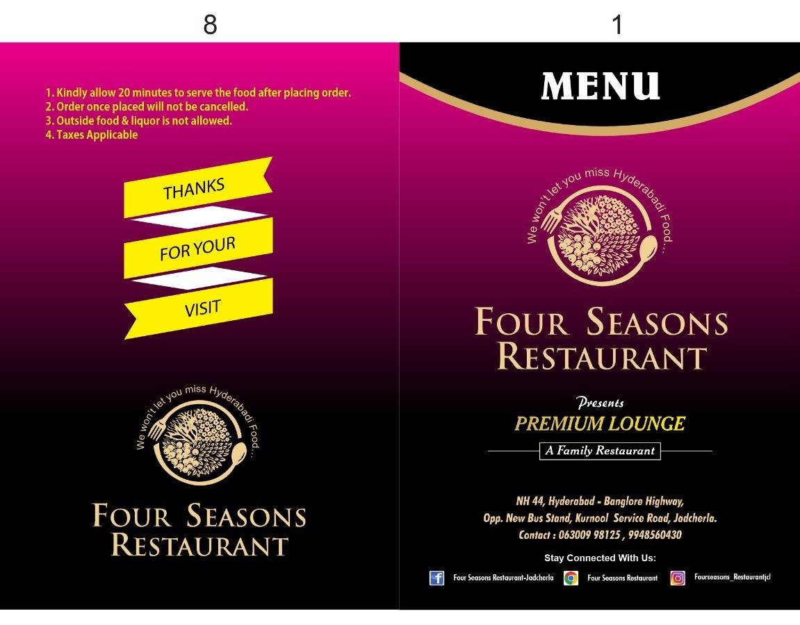 Menu at Four Seasons Restaurant, Jadcherla, Hyderabad -Banglore Highway
