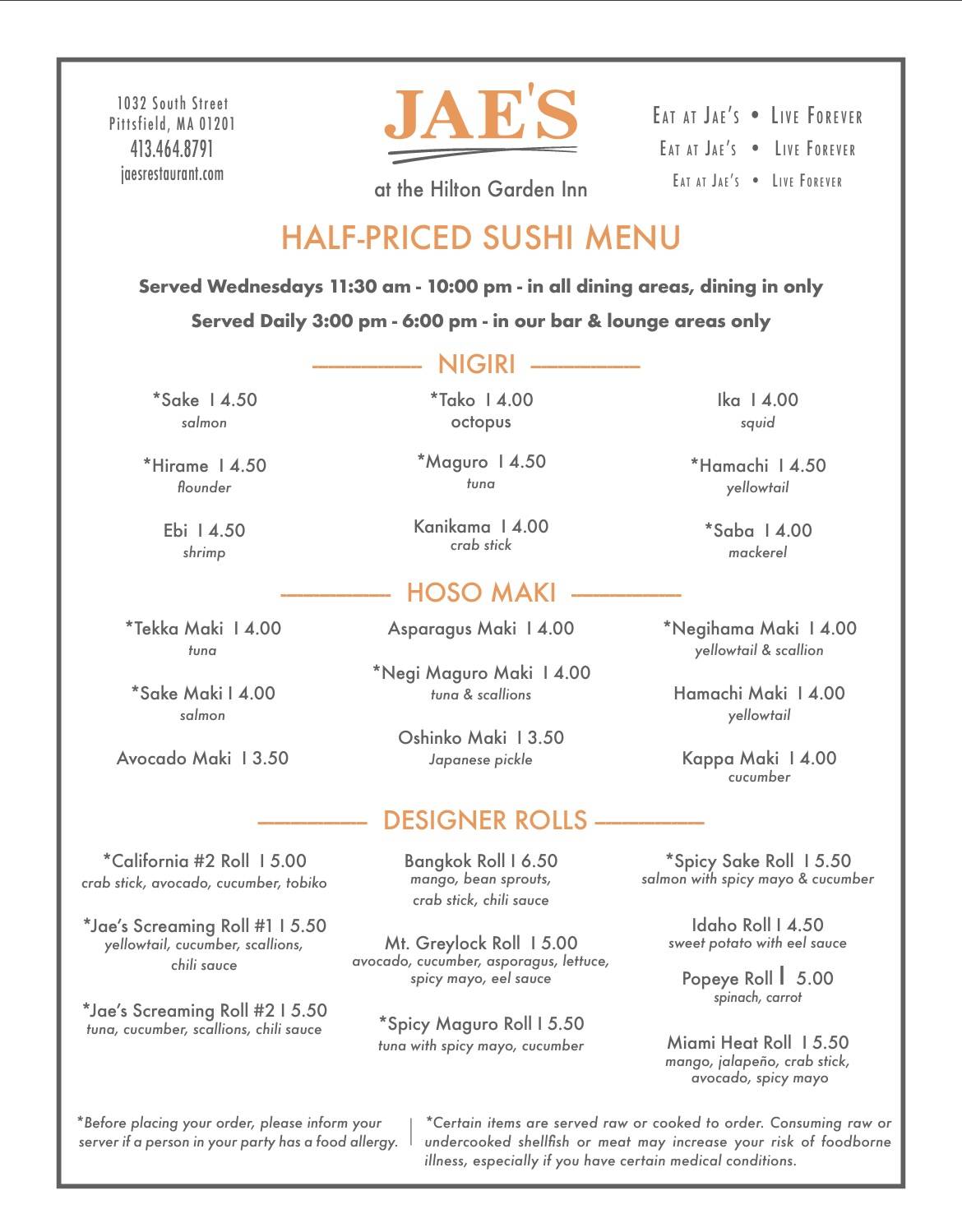 Menu at Jae's at the Hilton Garden Inn restaurant, Pittsfield