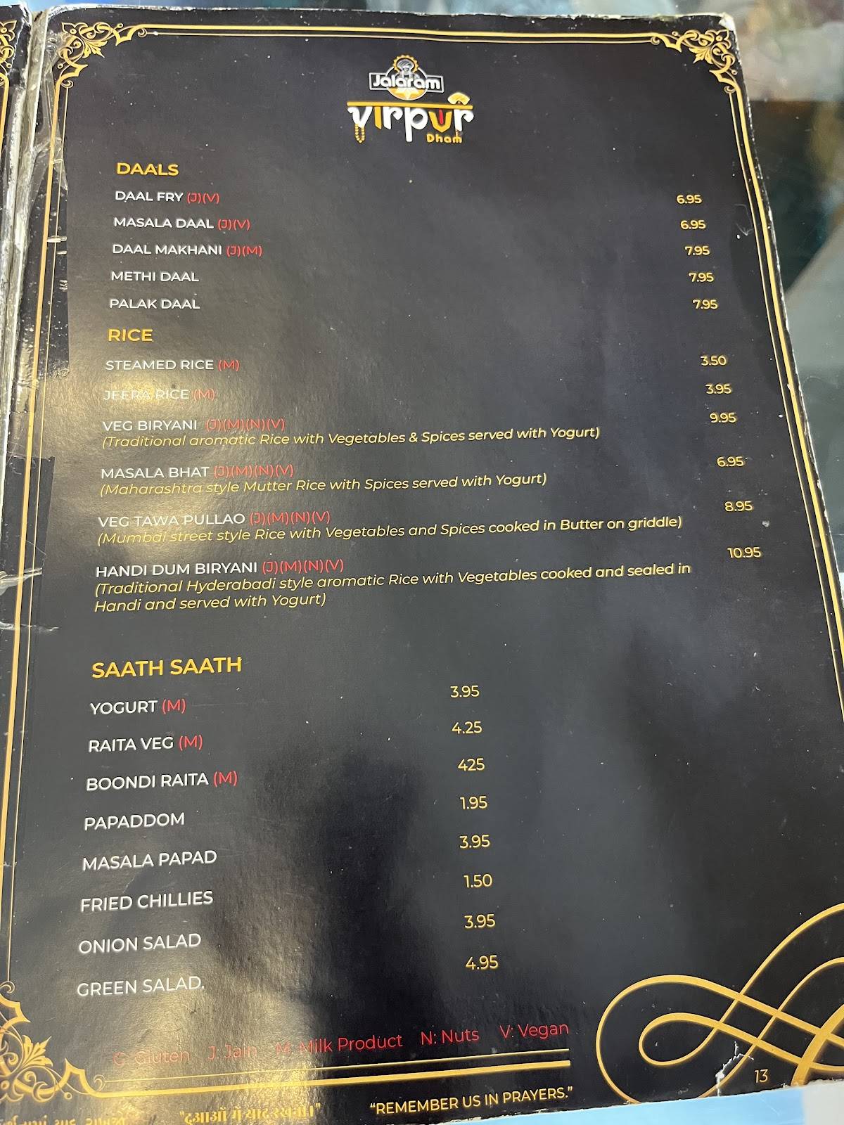 Menu at Jalaram Virpur Dham restaurant, Harrow