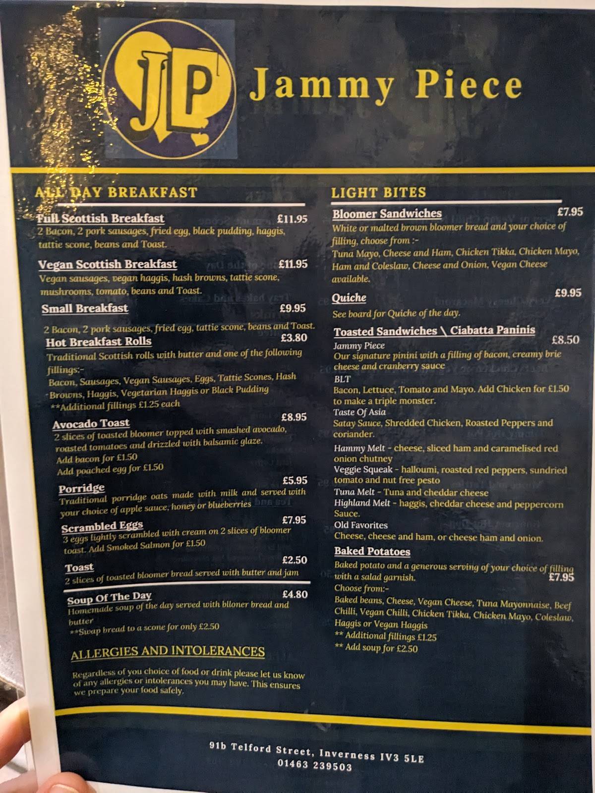 Menu at Jammy Piece cafe, Inverness