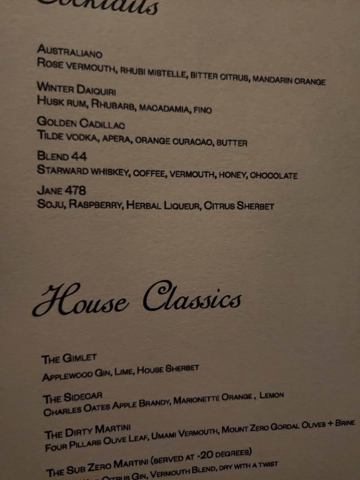 Menu at Jane Surry Hills restaurant, Surry Hills