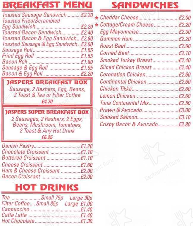 Menu at Jaspers fast food, London, 27 Garlick Hill