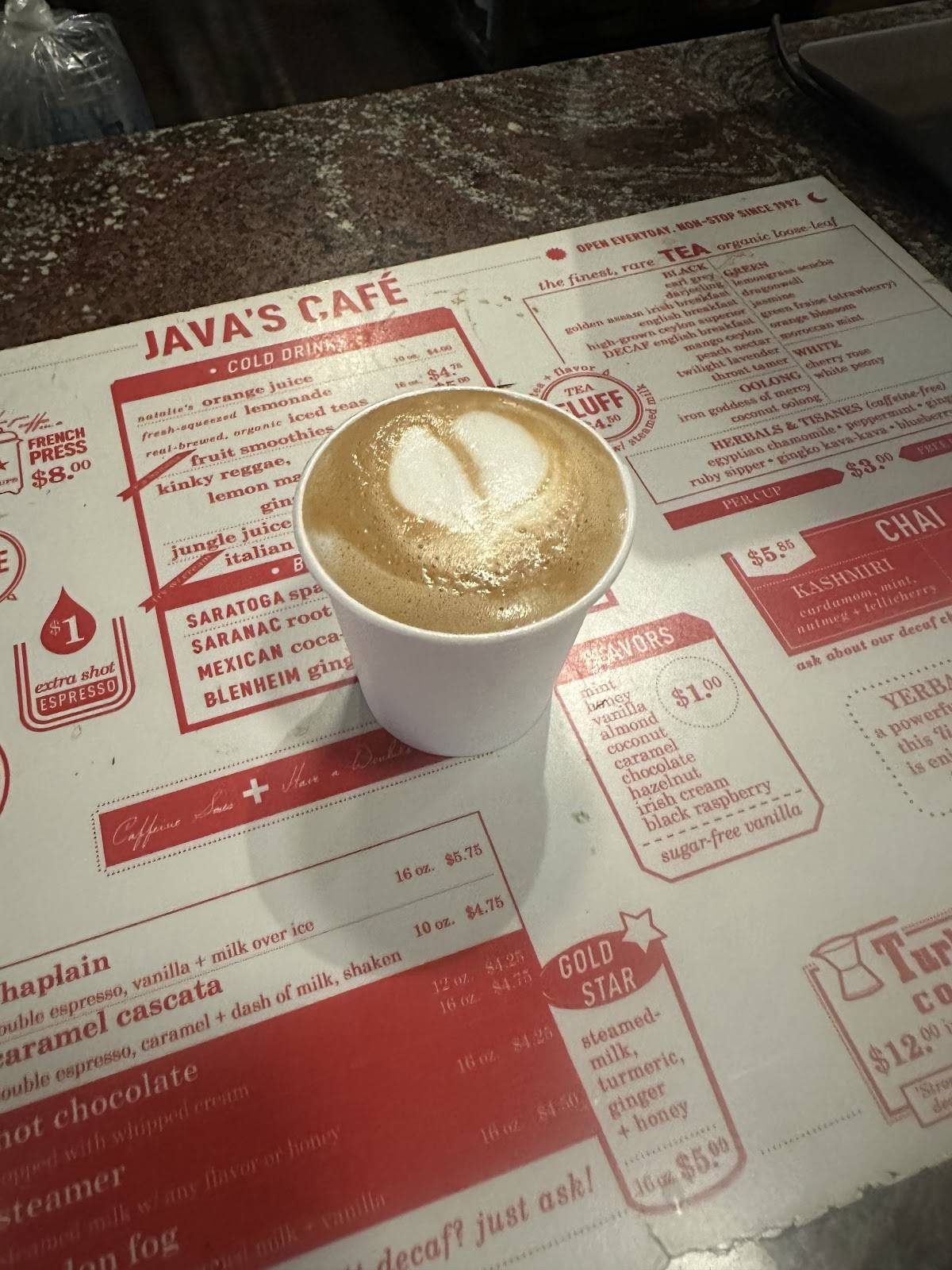 Menu at Java's Cafe, Rochester, 16 Gibbs St