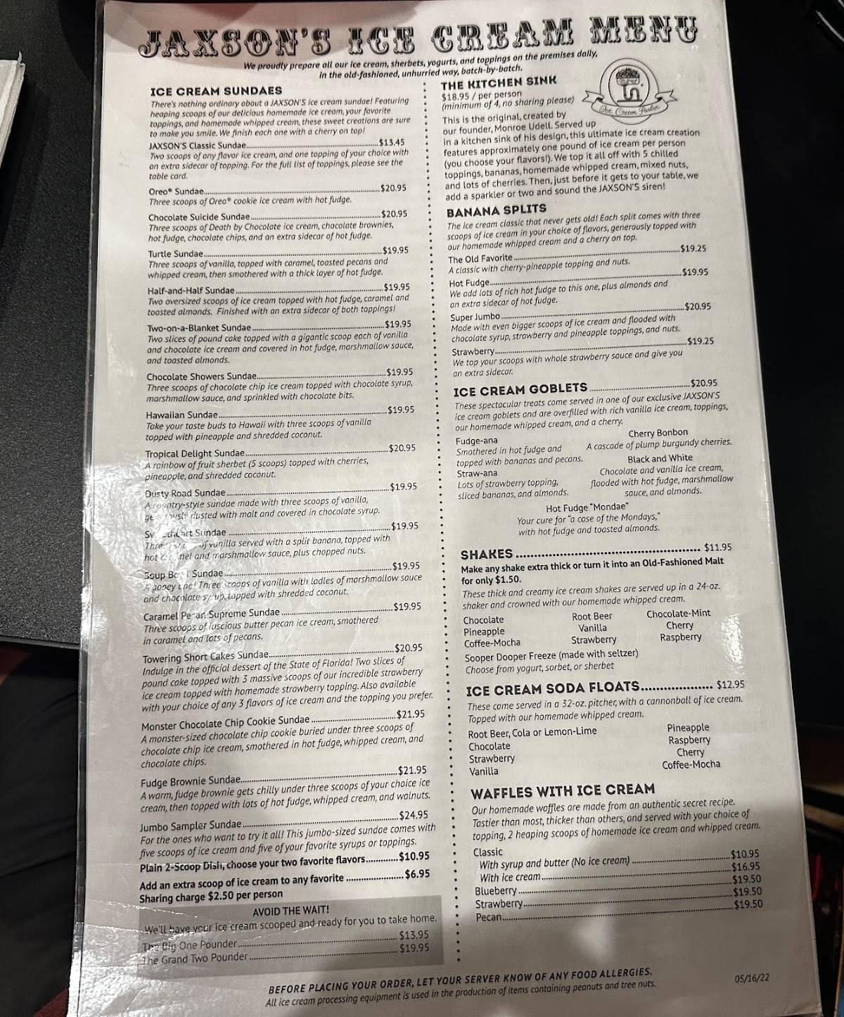 Menu at Jaxson's Ice Cream Parlor & Restaurant, Dania Beach