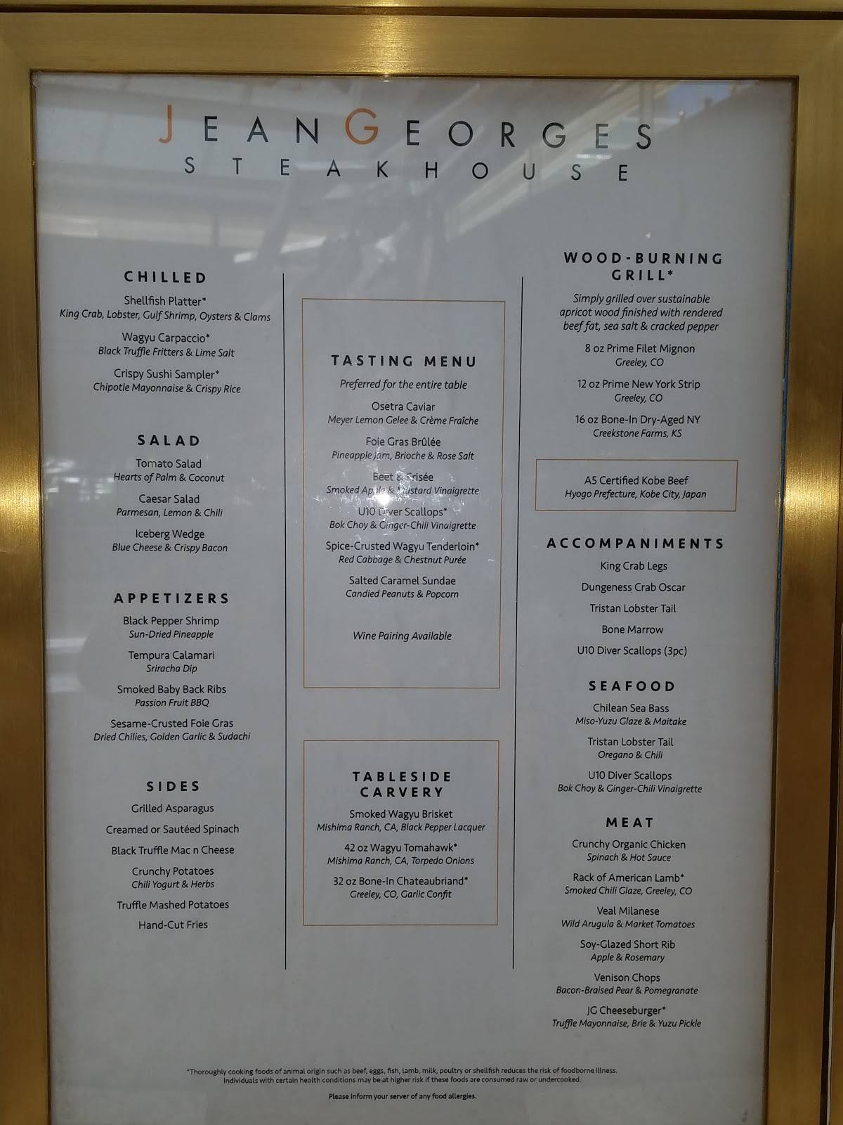 Menu at Jean Georges Steakhouse, Las Vegas