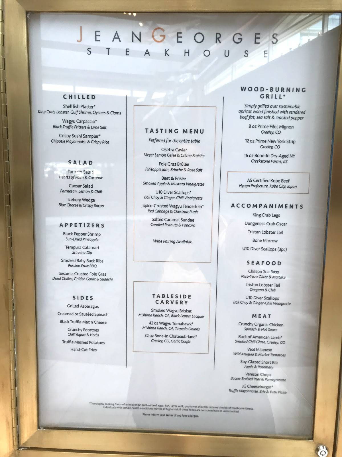 Menu at Jean Georges Steakhouse, Las Vegas
