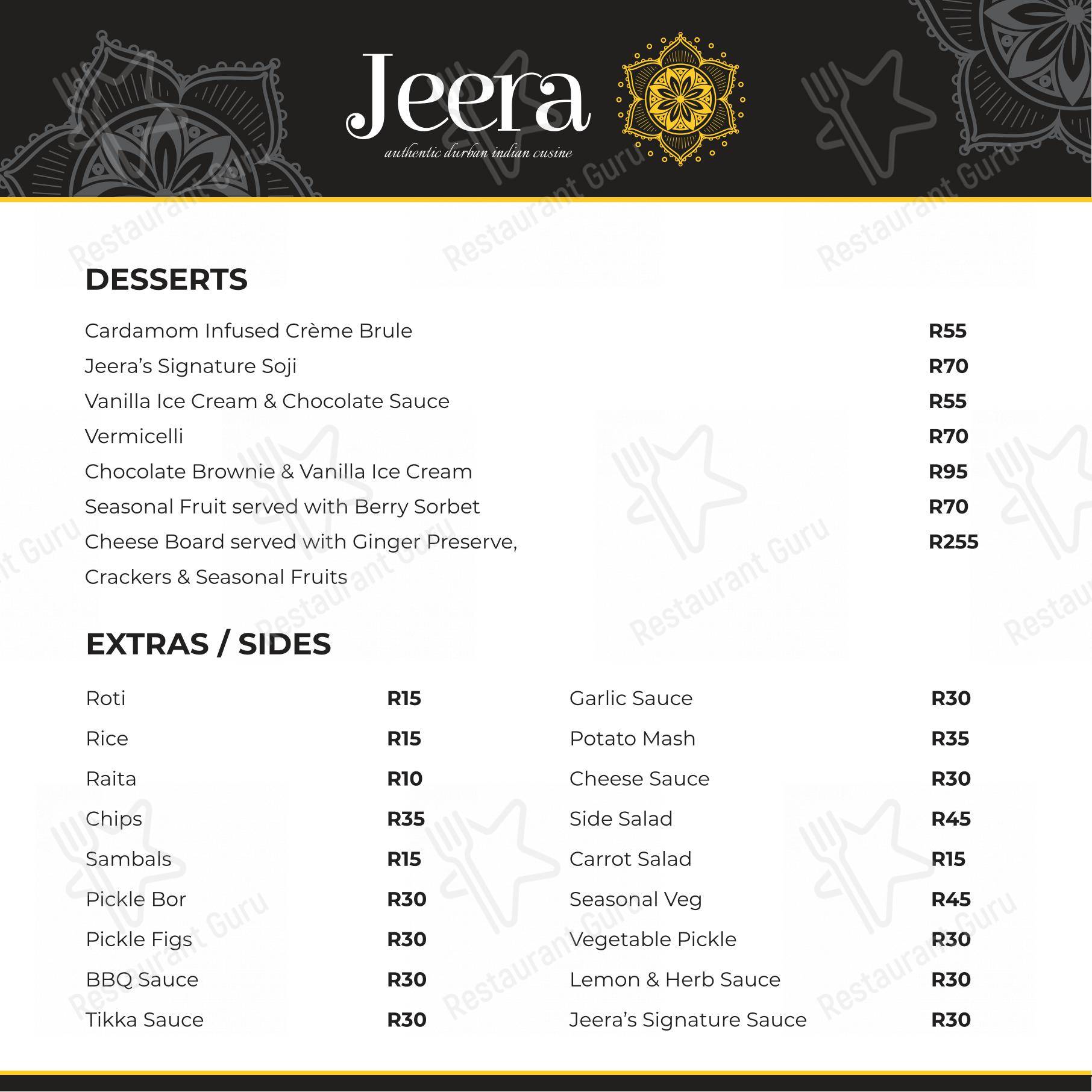 Menu at Jeera restaurant, Durban, Suncoast Towers