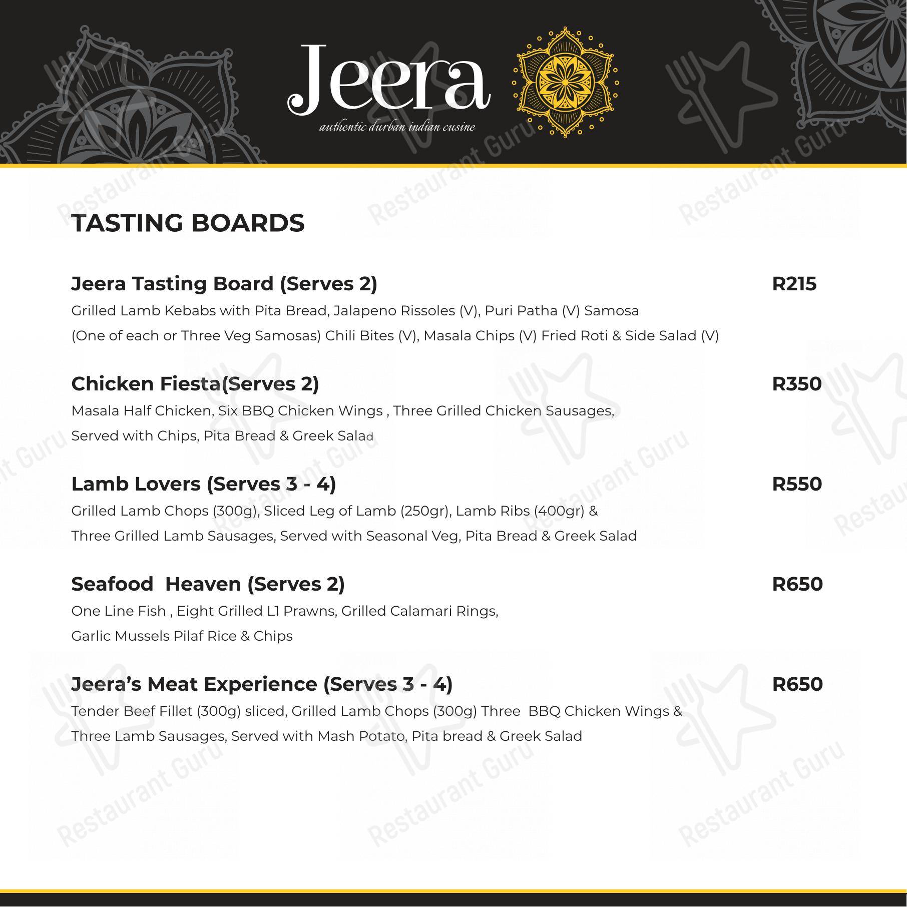 Menu at Jeera restaurant, Durban, Suncoast Towers