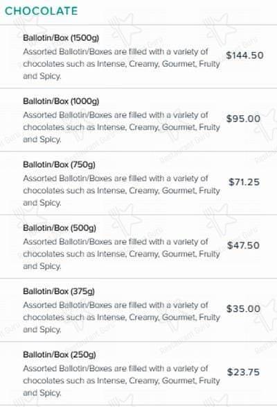 Menu at Jeff de Bruges desserts, Bondi Junction