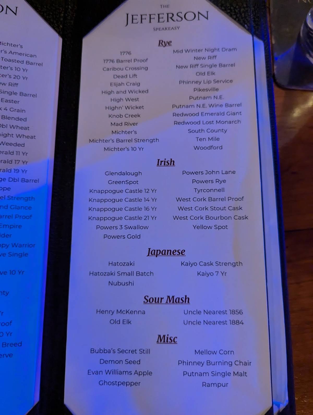 Menu at Jefferson Speakeasy pub & bar, Warwick