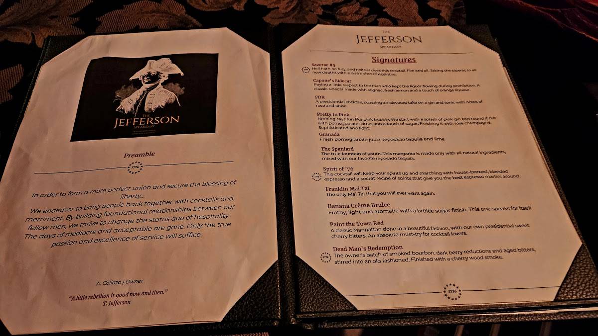 Menu at Jefferson Speakeasy pub & bar, Warwick