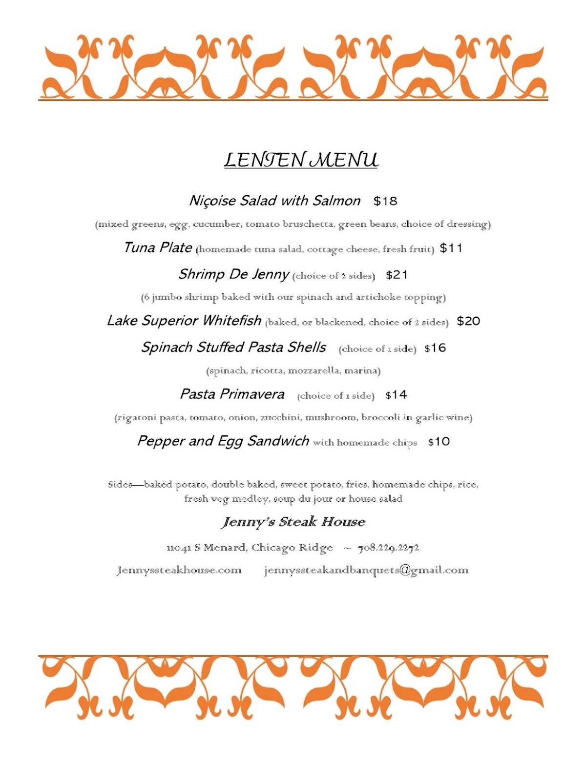 Menu at Jenny's Grill and Banquets steakhouse, Chicago Ridge