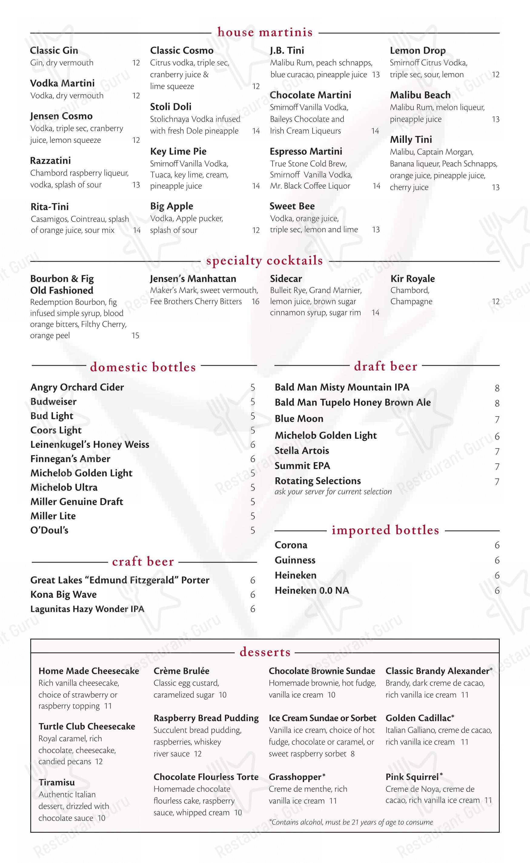 Menu at Jensen's Food & Cocktails steakhouse, Eagan