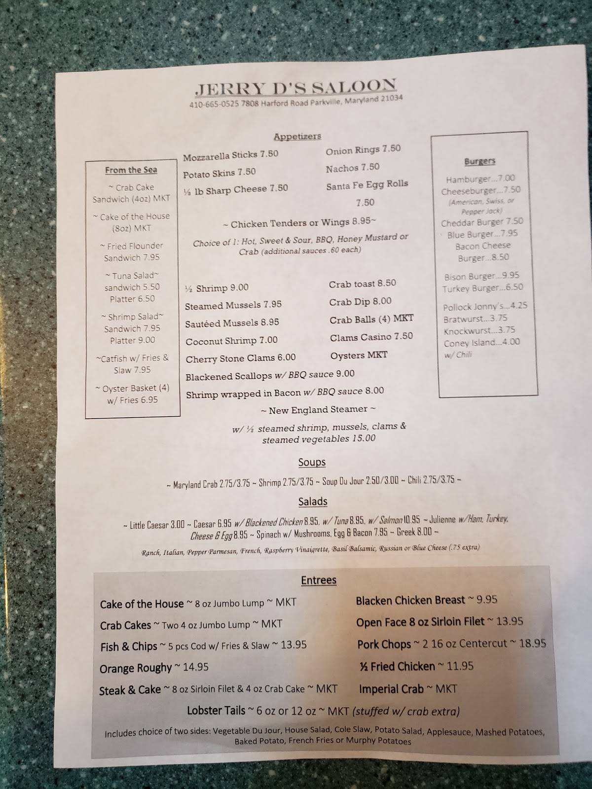 Menu at Jerry D's Saloon restaurant, Parkville