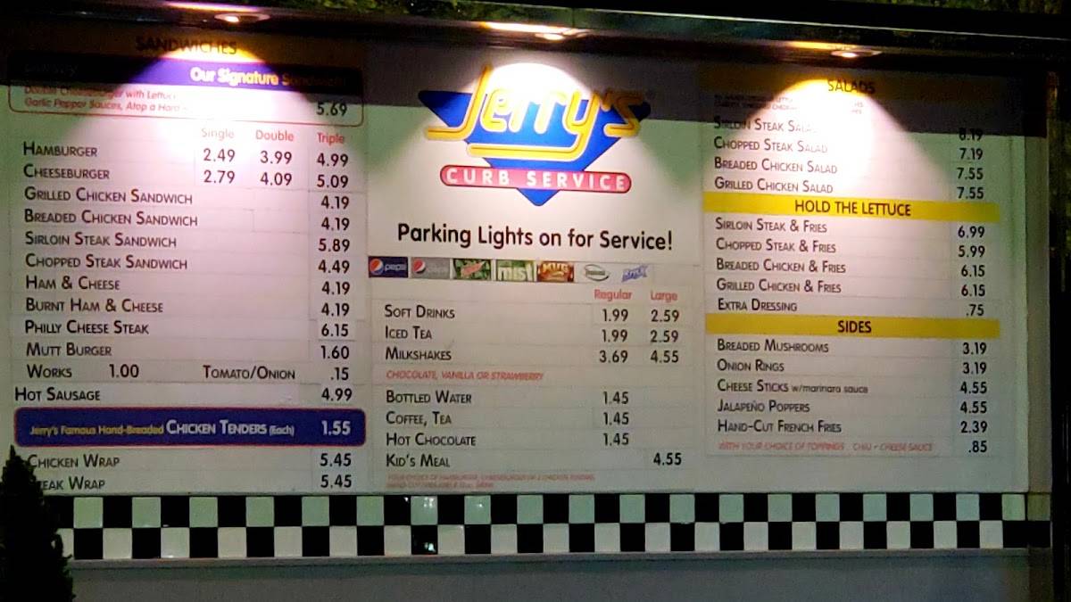 Menu at Jerry's Curb Service fast food, Beaver