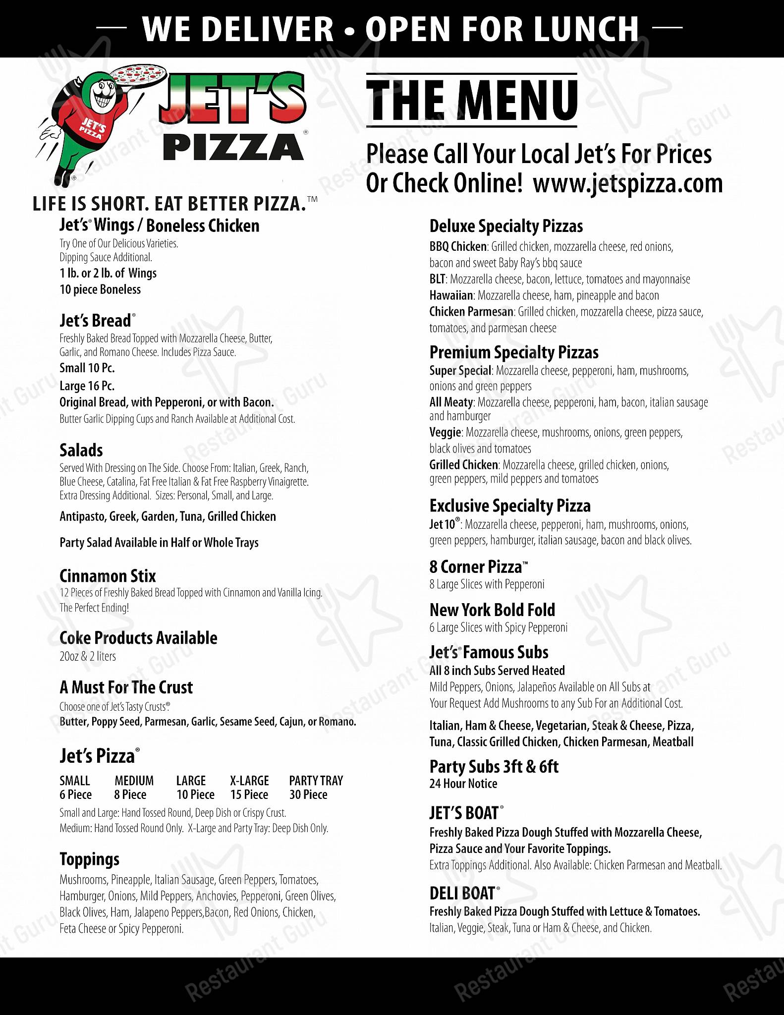 Menu for jet's pizza store