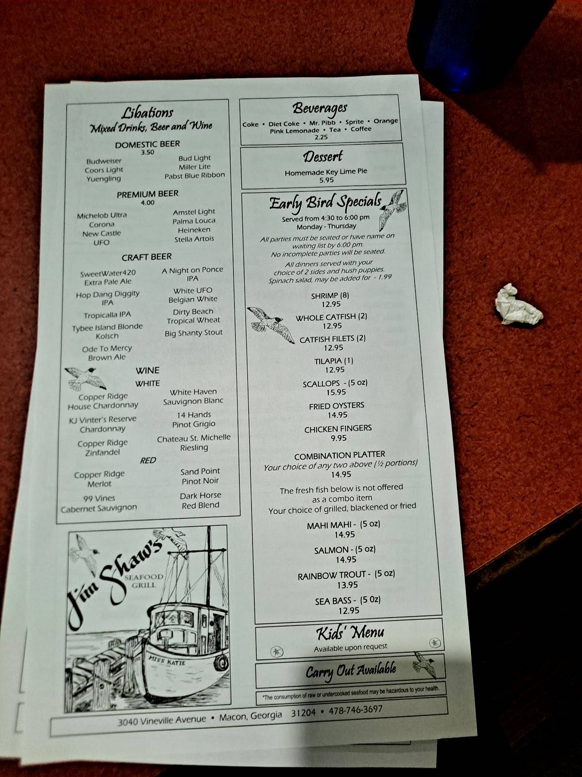 Menu at Jim Shaw's Seafood Grill restaurant, Macon