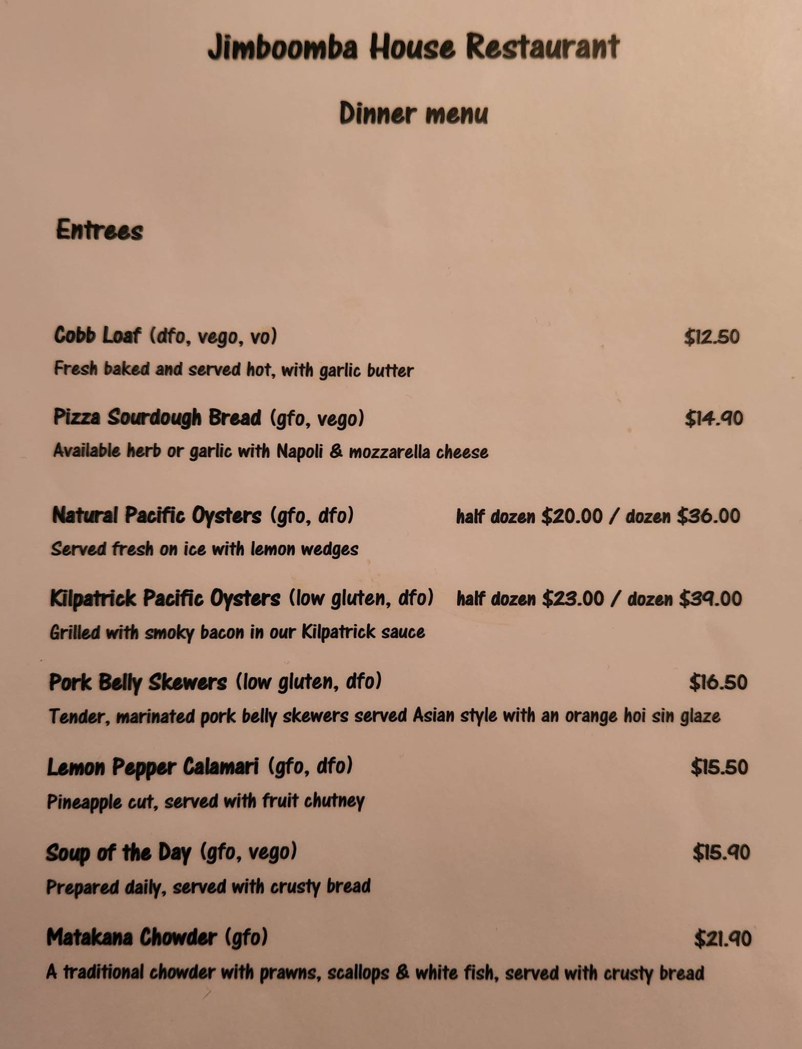Menu at Jimboomba House Restaurant, Jimboomba, 105 Johanna St