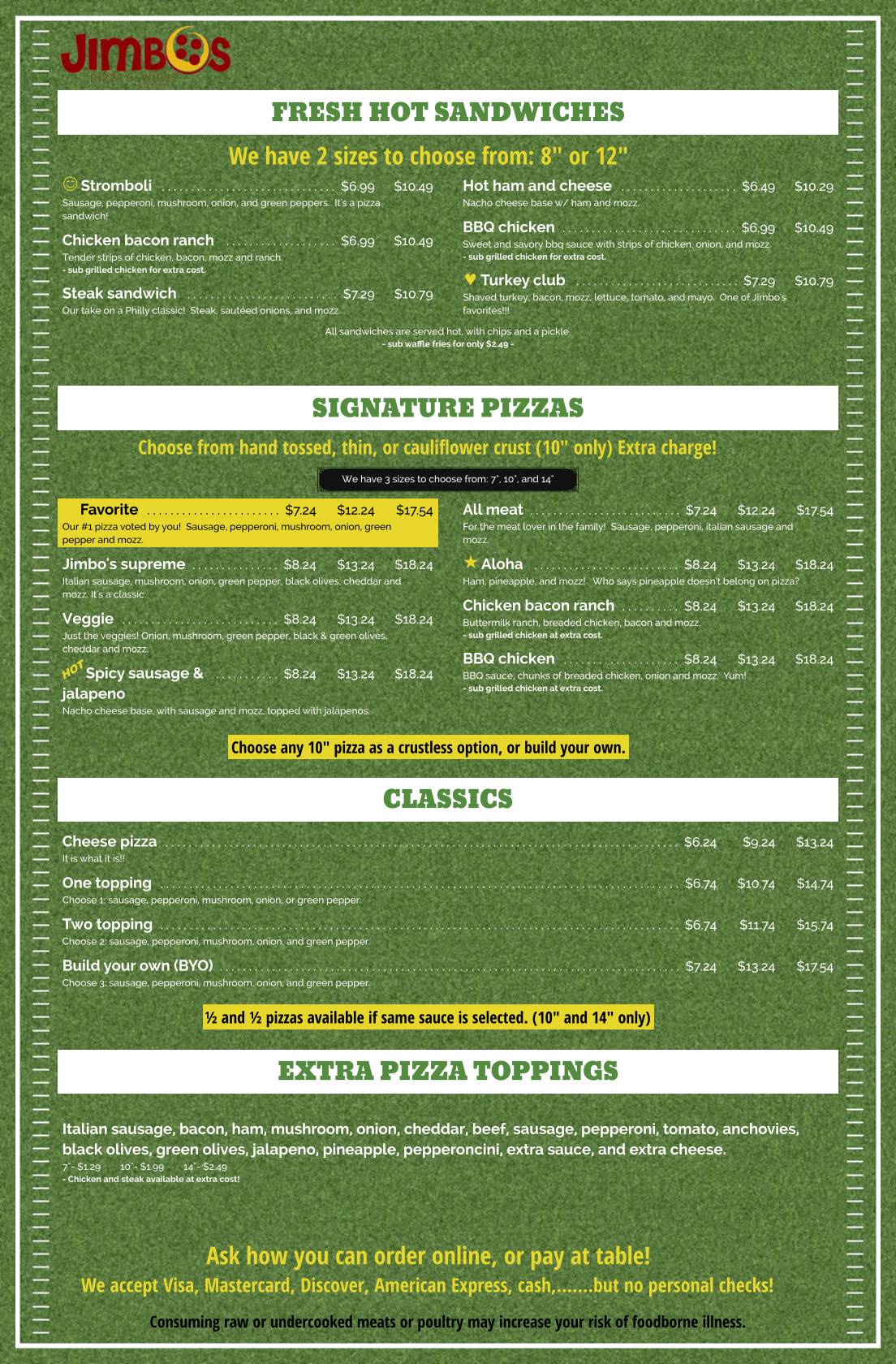 Menu at Jimbo's Pizza & Wings pub & bar, Washington